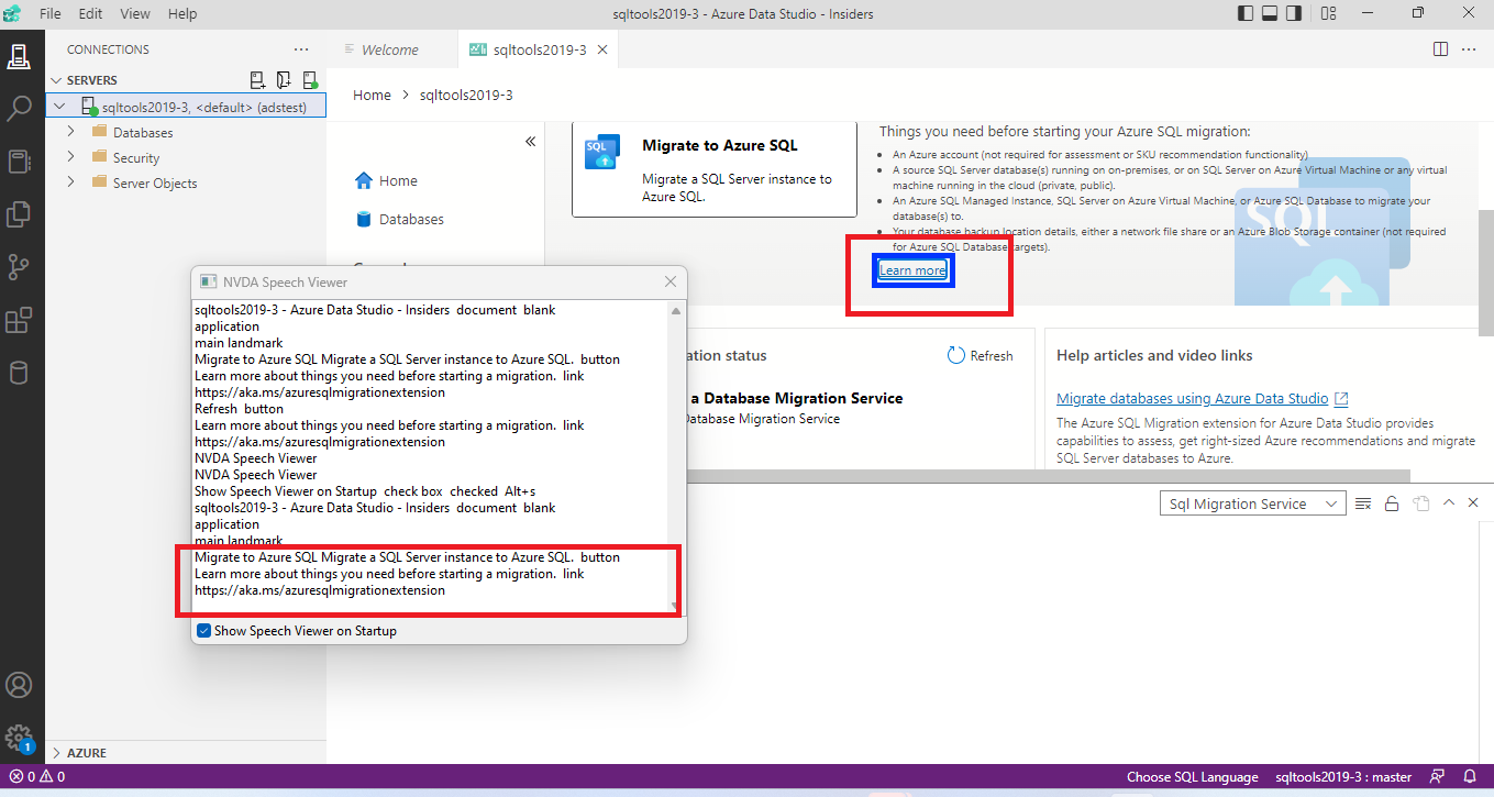 A11y_AzureDataStudioSQLMigration_AzureSQLMigration_ScreenReader:NVDA is ...