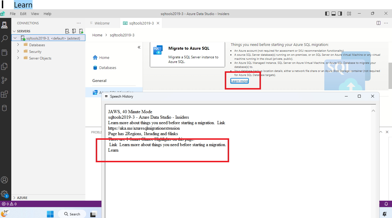 A11y_AzureDataStudioSQLMigration_AzureSQLMigration_ScreenReader:NVDA is ...