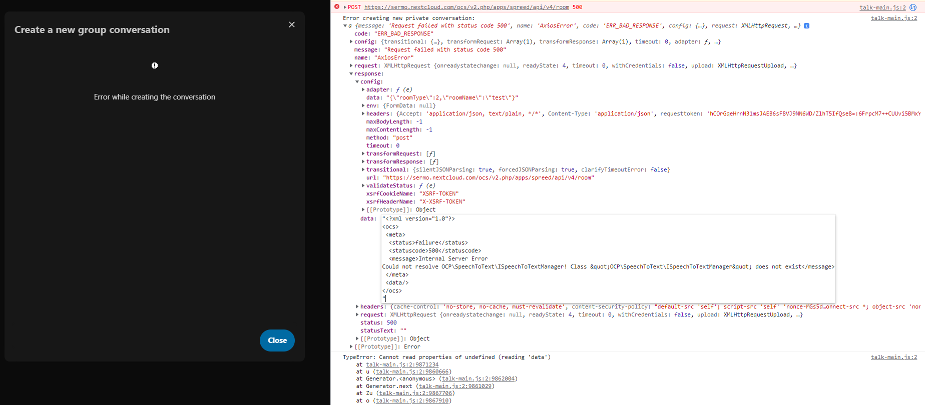 Error when creating a new conversation · Issue #9361 · nextcloud/spreed · GitHub