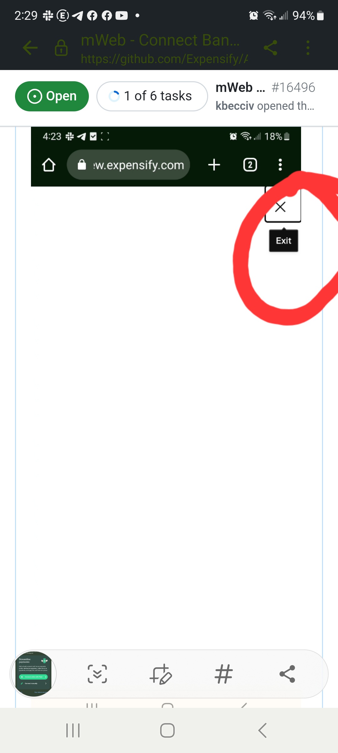 mWeb - Connect Bank Account - The tooltip "Exit"is briefly visible when ...