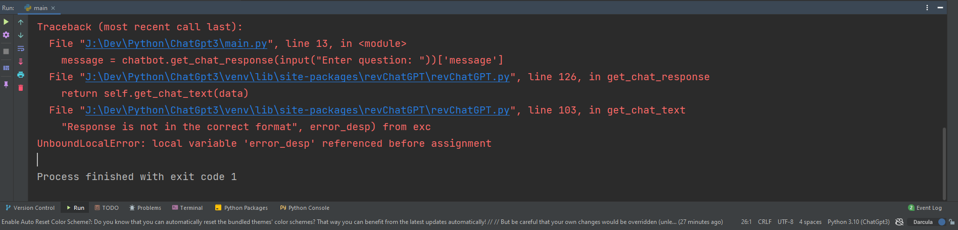 [BUG] Error when trying to get a response · Issue #114 · acheong08/ChatGPT · GitHub