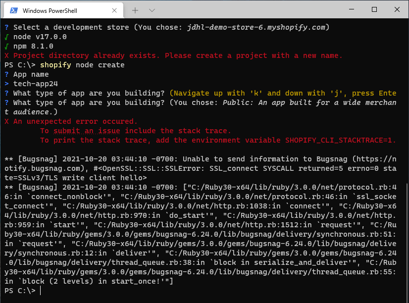 shopify node create - An unexpected error occurred · Issue #1660 · Shopify/shopify-cli · GitHub
