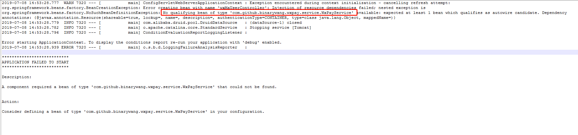 微信付款 A component required a bean of type 'com.github.binarywang.wxpay.service.WxPayService' that ...