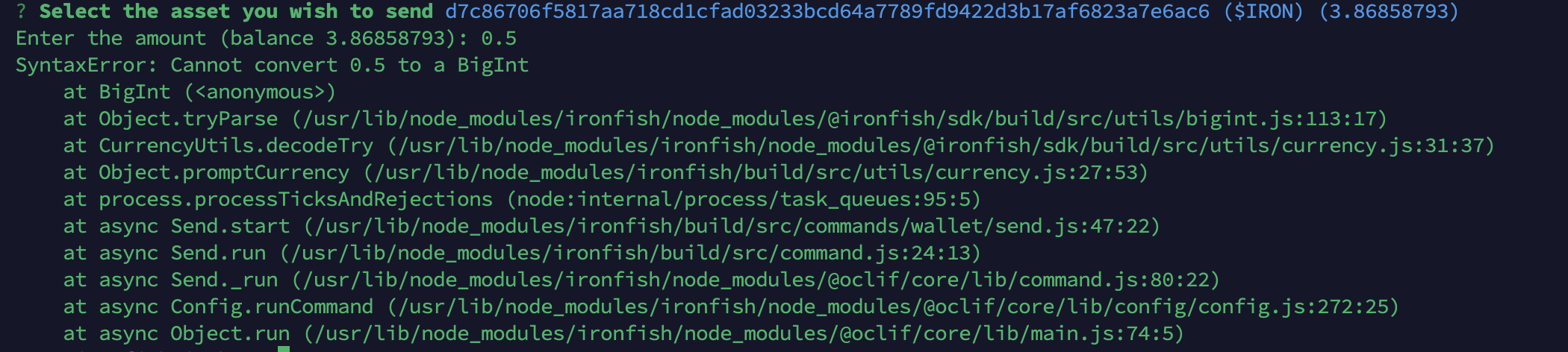 Cannot convert amount to a BigInt in 0.1.69 · Issue #3555 · iron-fish/ironfish · GitHub