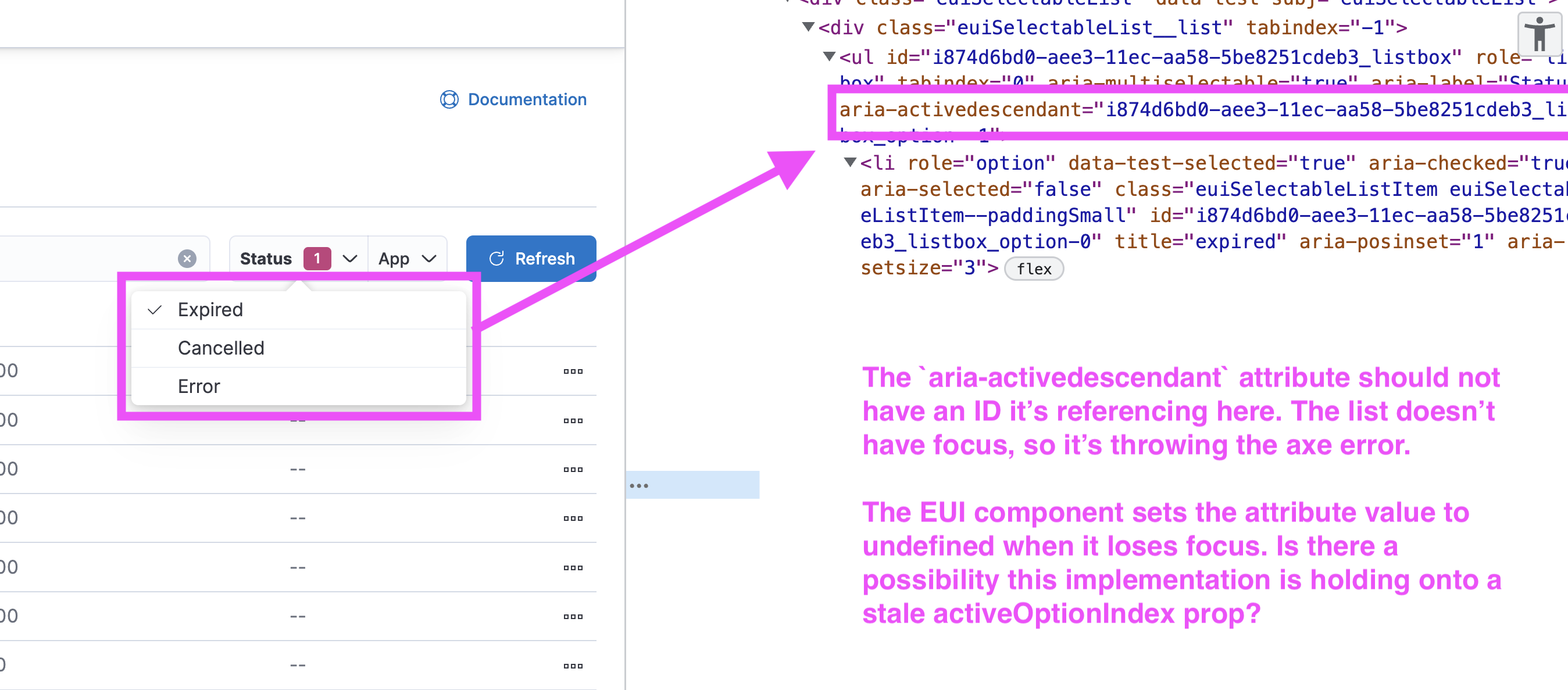 (Accessibility) Search Sessions table EuiSelectable component incorrectly holds onto `aria ...