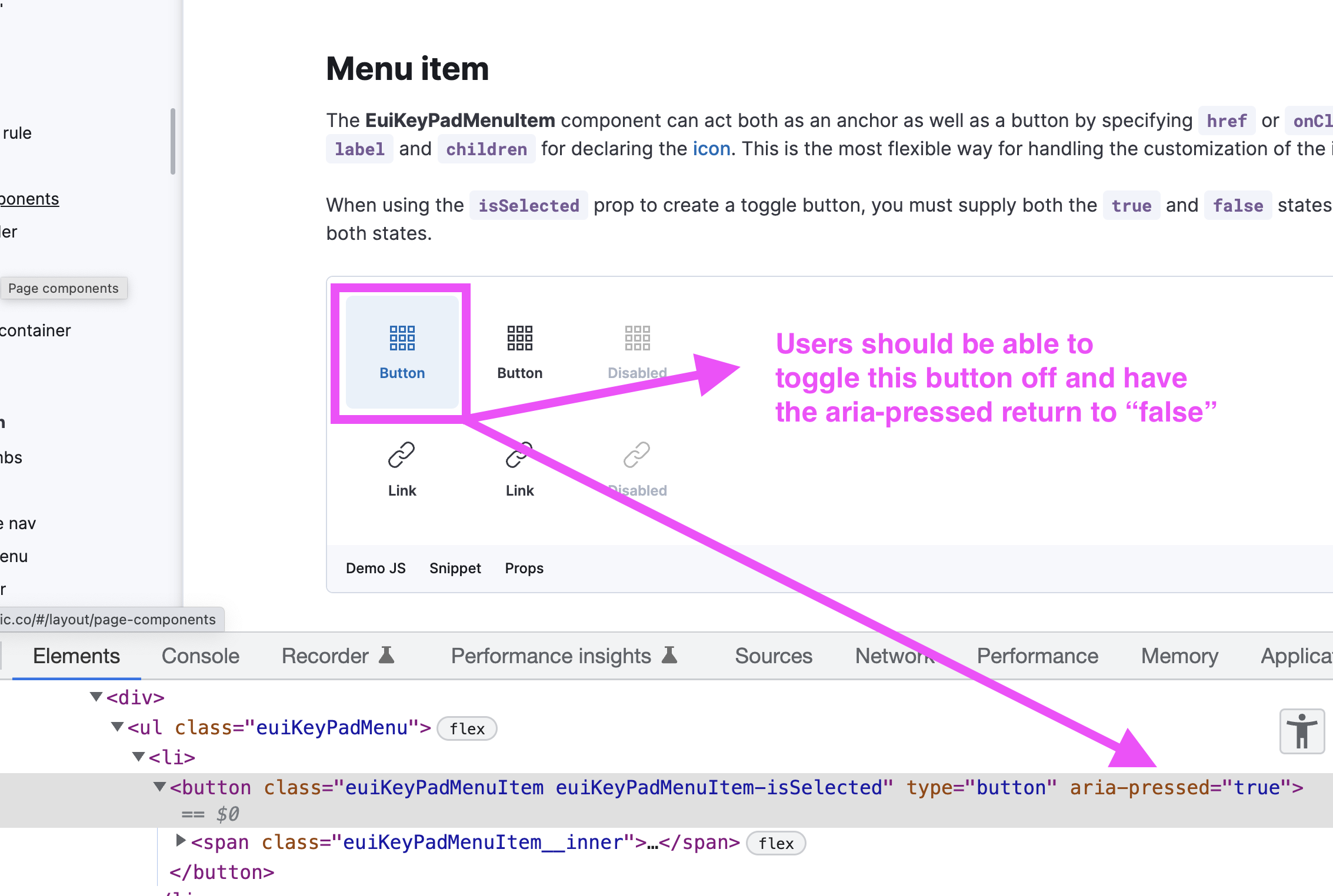 [EuiKeyPadMenuItem] `aria-pressed` attribute requires a button to be turned "on" or "off" like a ...