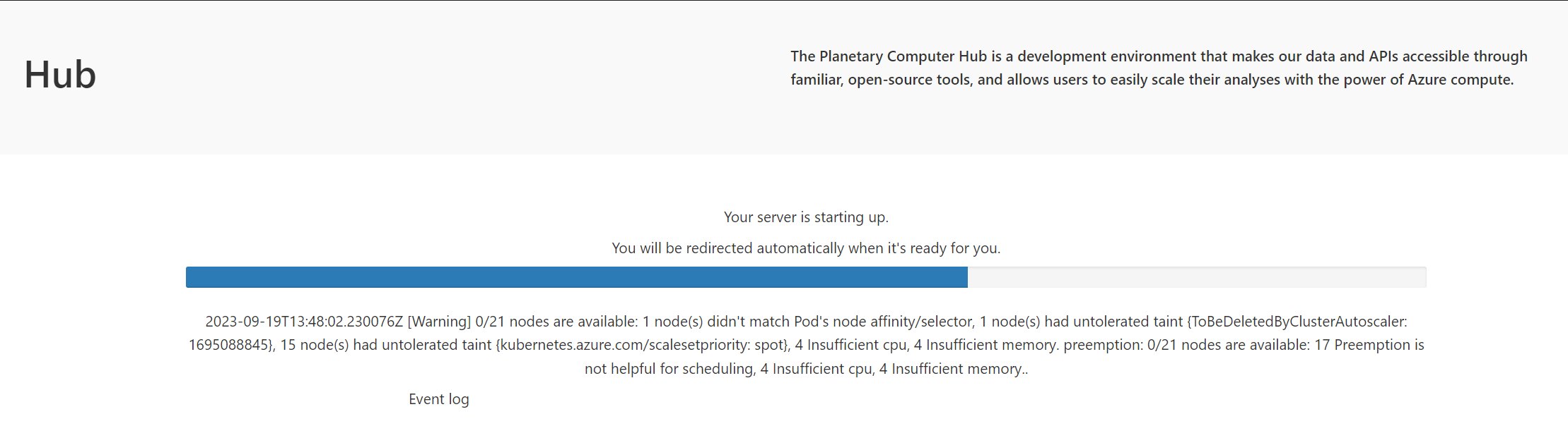 Hub notebook server not starting · Issue #267 · microsoft/PlanetaryComputer · GitHub