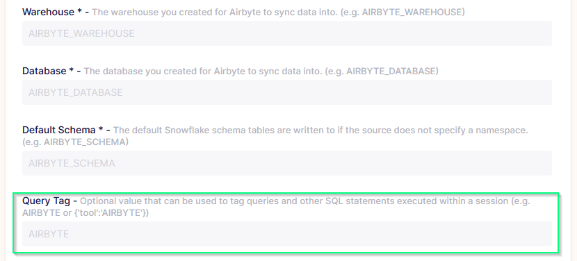 Snowflake destination: set query_tag in the UI · Issue #9467 · airbytehq/airbyte · GitHub