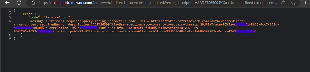 Microsoft's token framework cancel button throws Service error -Missing required query string ...