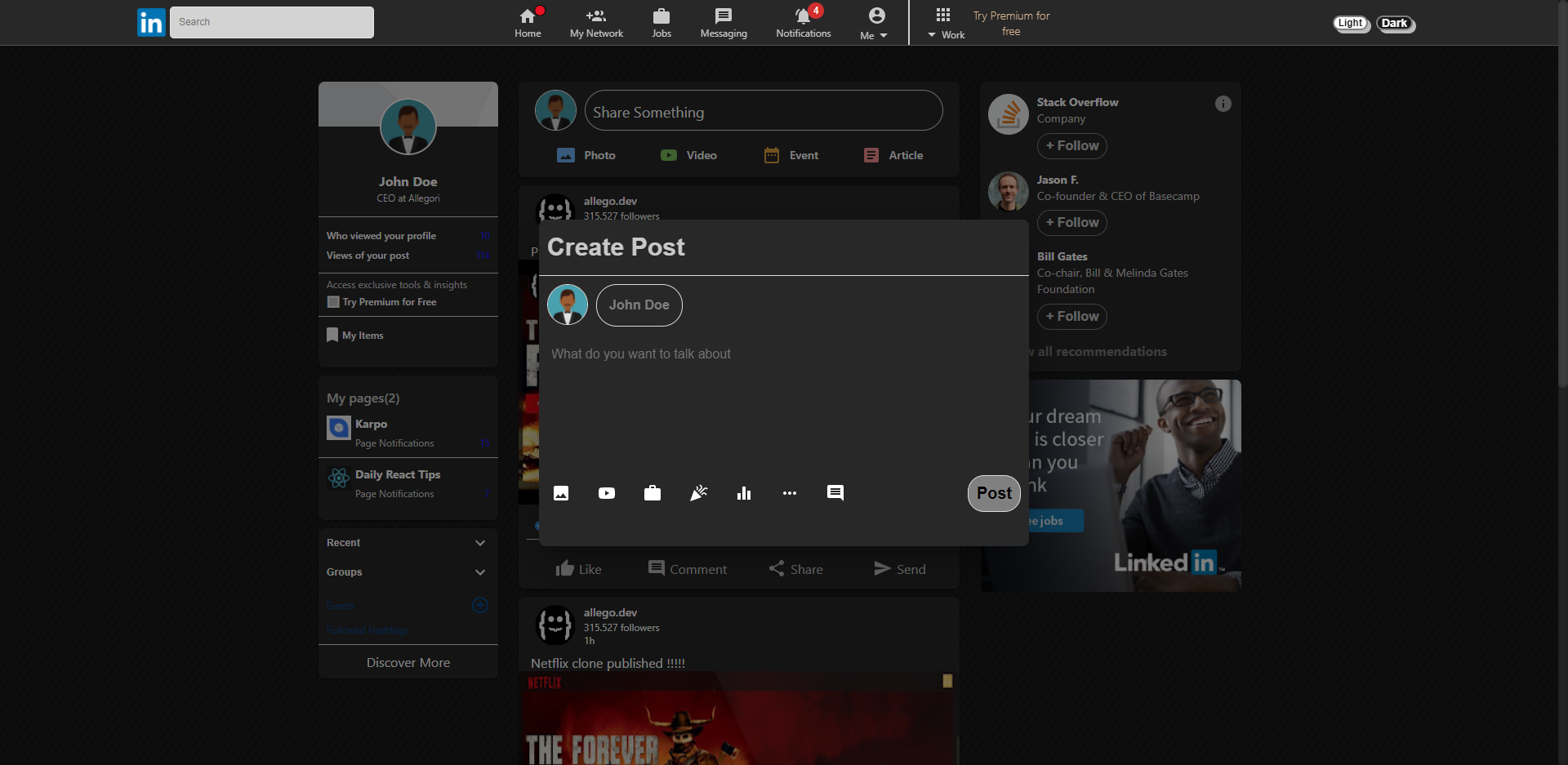 GitHub - ozbeyahmet1/linkedin-remade: LinkedIn Clone with ReactJS , Redux, Firebase and Styled ...
