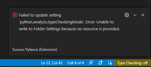 Error when trying to turn on type checking - Failed to update setting 'python.analysis ...