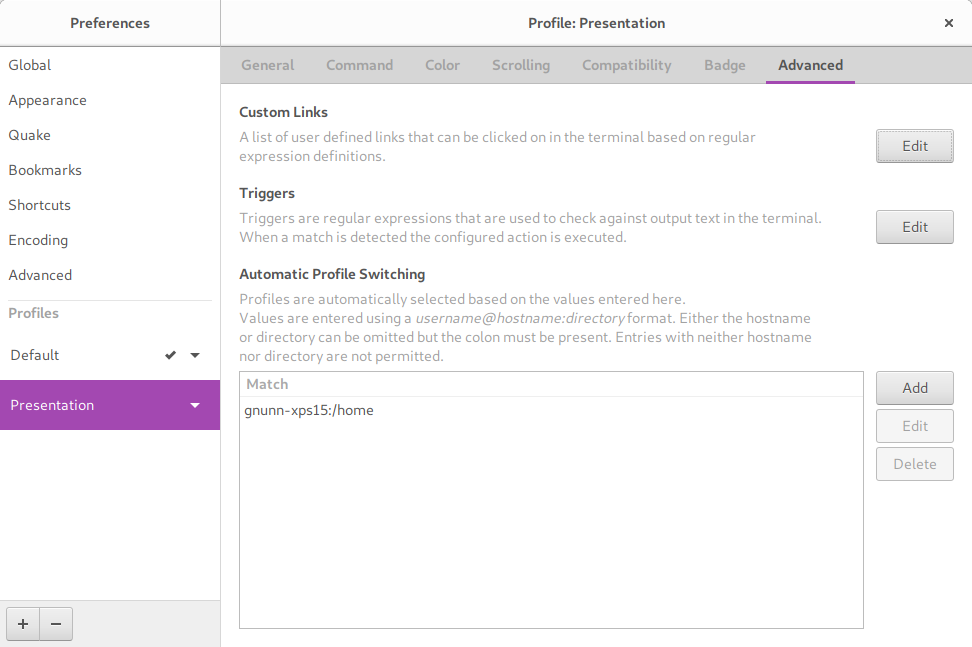 Automatic Profile Switching not working at all · Issue #1402 · gnunn1/tilix · GitHub