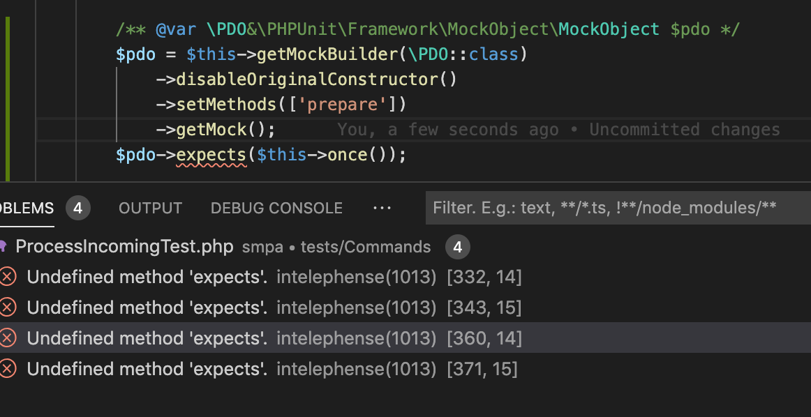 PHPUnit MockObject not matching expected type · Issue #698 · bmewburn/vscode-intelephense · GitHub