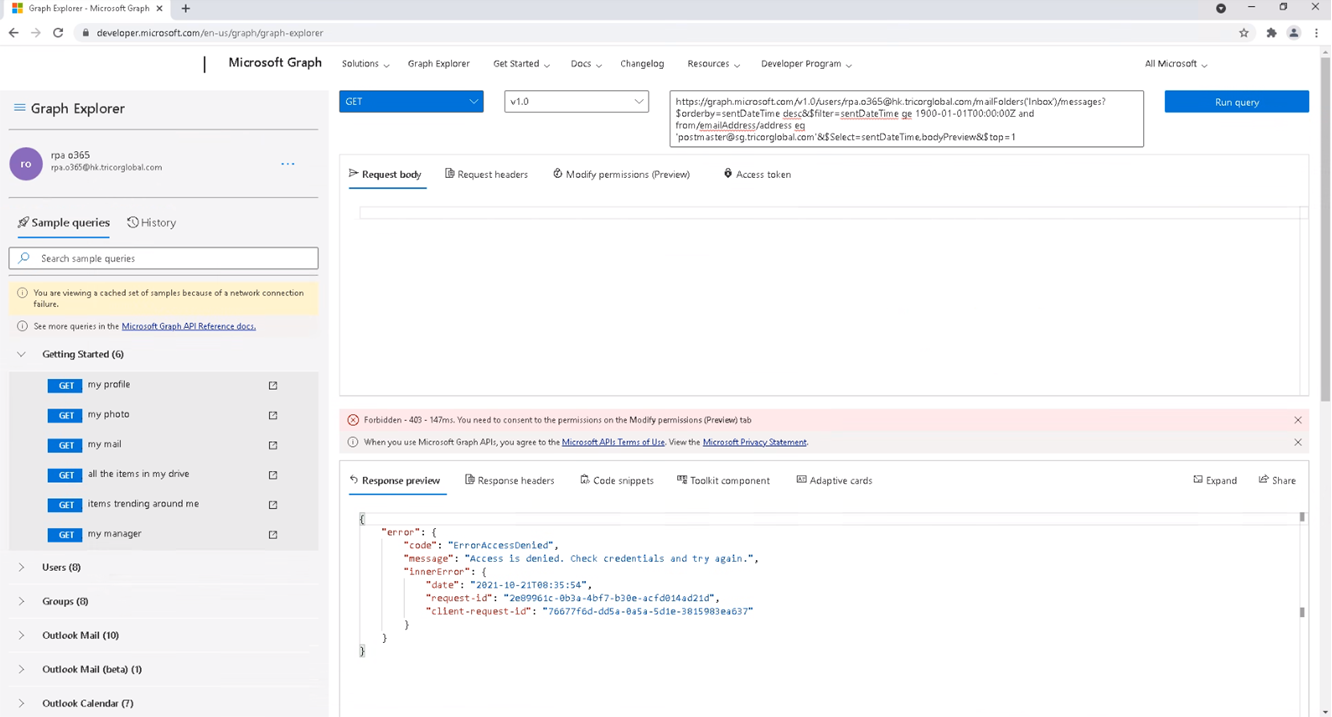 Unable to enable one of our o365 accounts to run the MS Graph API ...