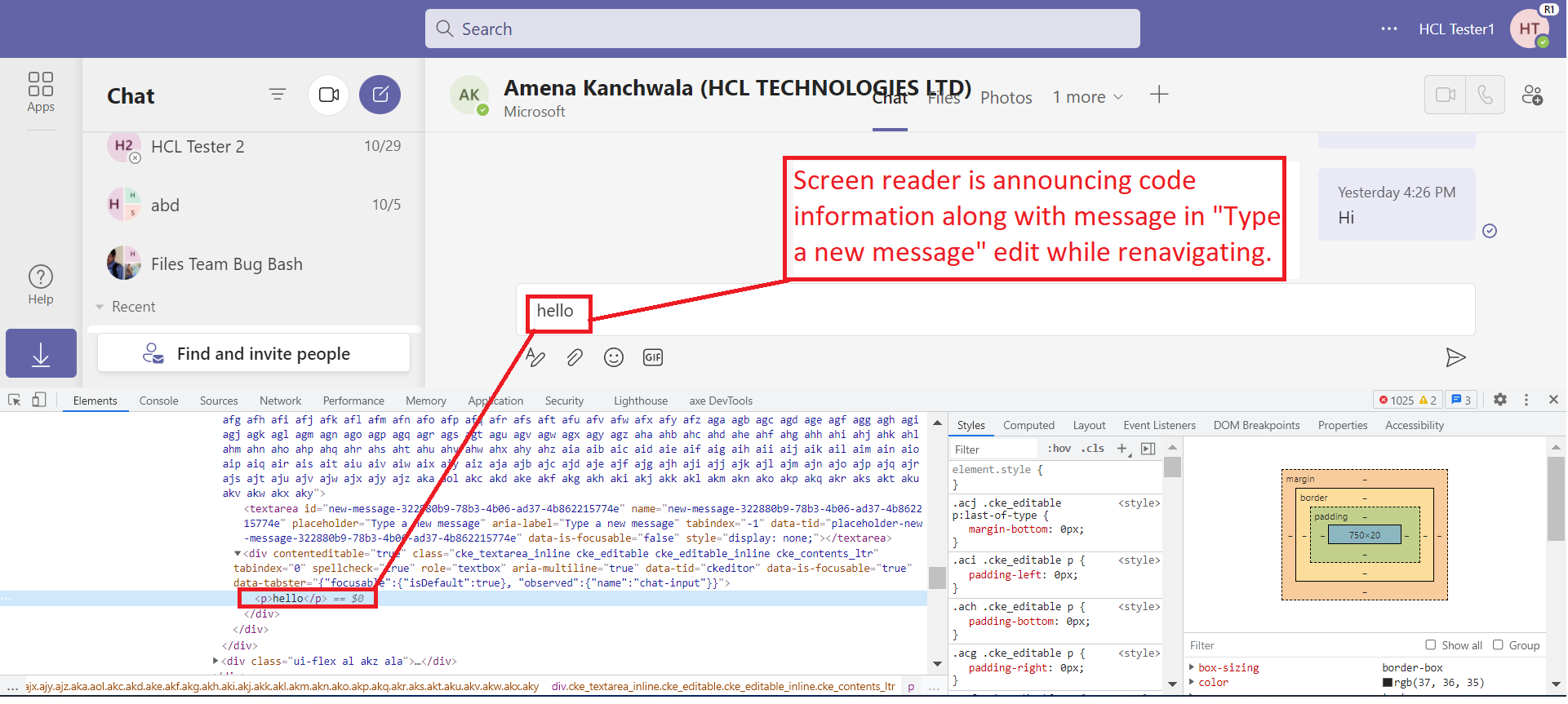 [Chat - Compose region]: Screen reader is announcing code information along with message in ...