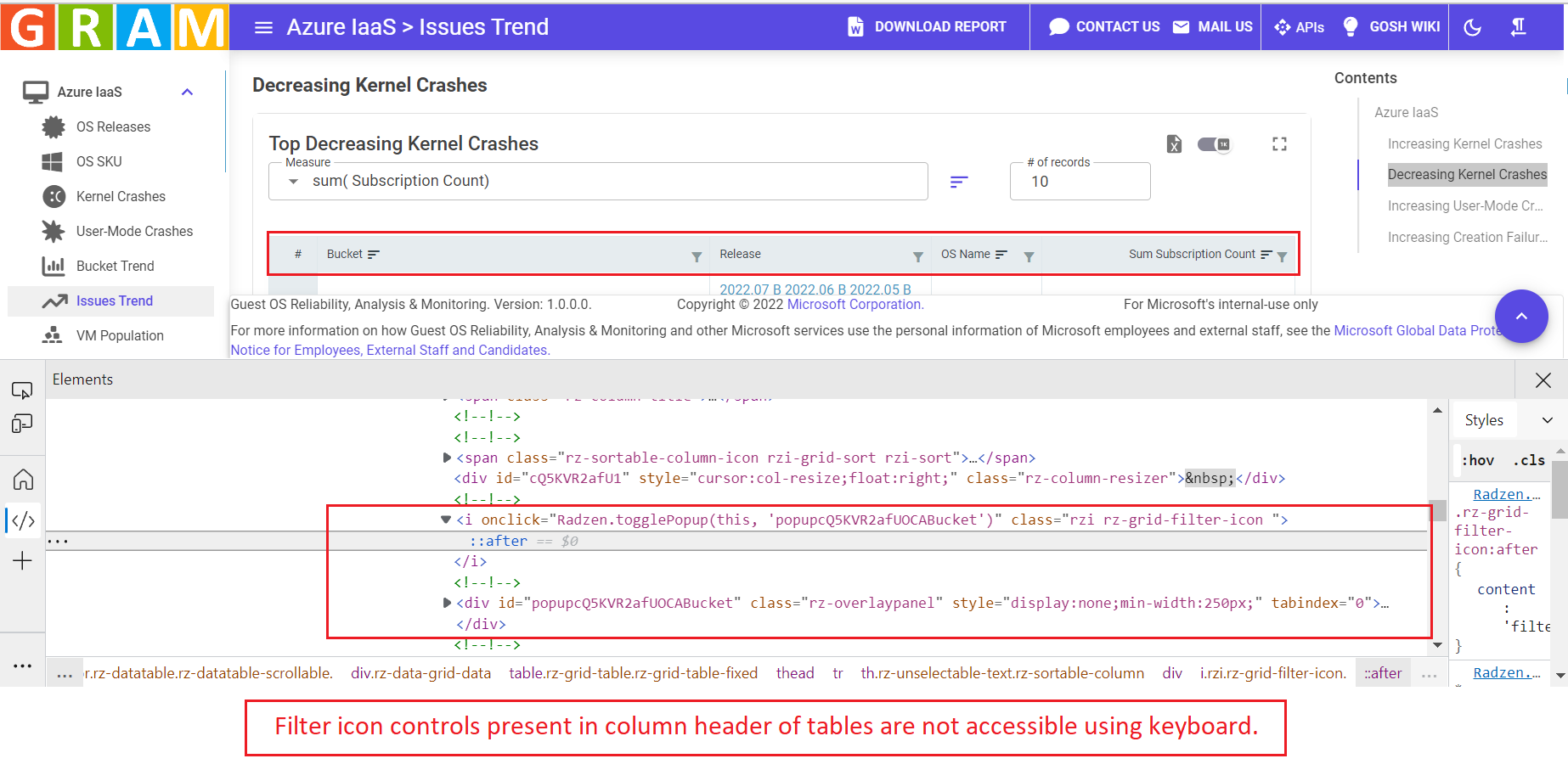 Filter icon controls present in column header of tables are not accessible using keyboard ...