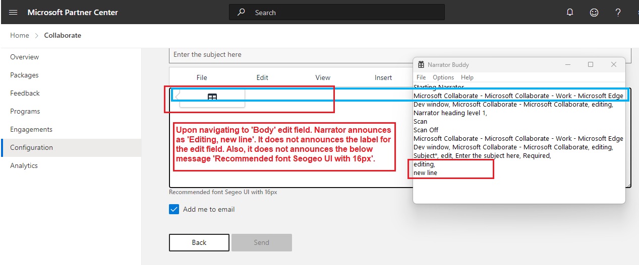 Narrator does not announce the label and message below the edit box of 'Body, edit field ...