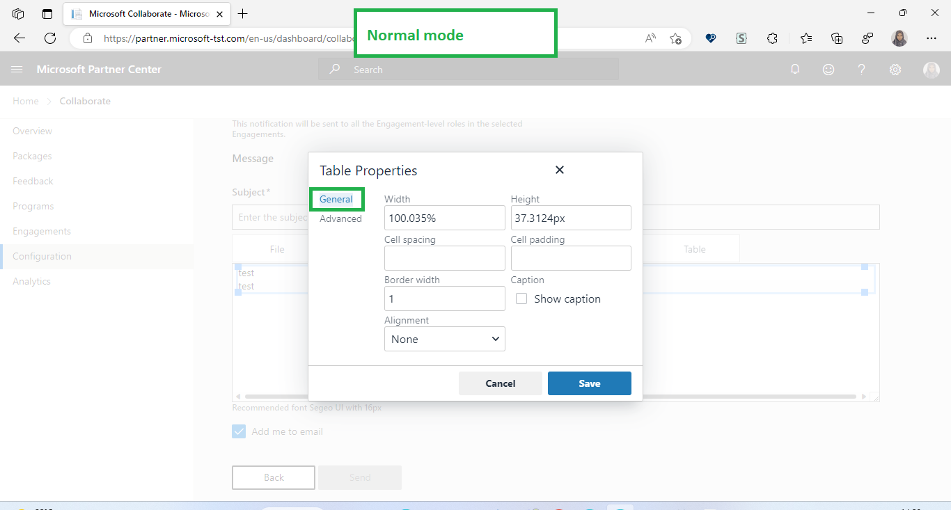 Selected state of tabs i.e 'Advanced' /'General' in Table/cell/row properties is not clearly ...
