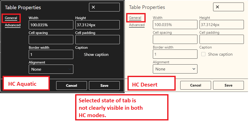 Selected state of tabs i.e 'Advanced' /'General' in Table/cell/row properties is not clearly ...