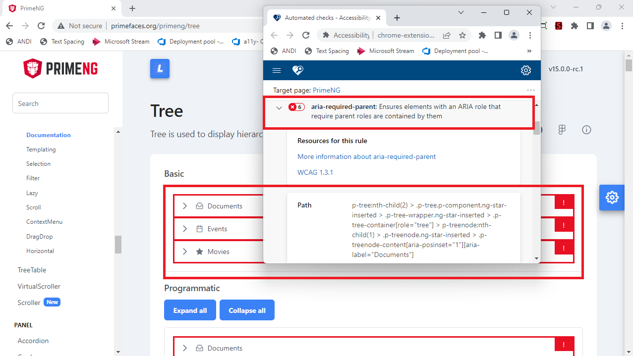 Ensures elements with an ARIA role that require parent roles are contained by them (.p-treenode ...