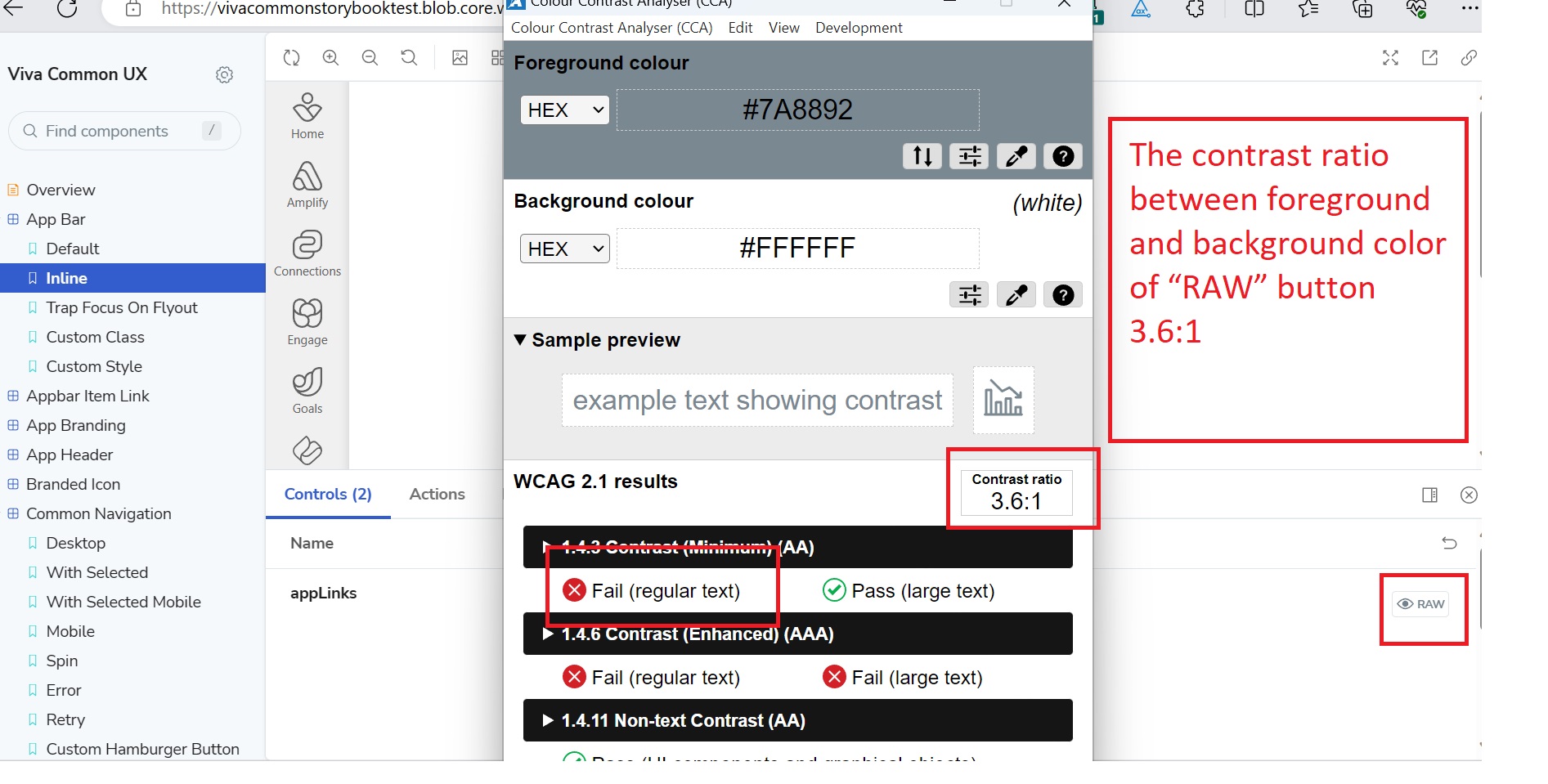 The contrast ratio between foreground and background color of “RAW ...