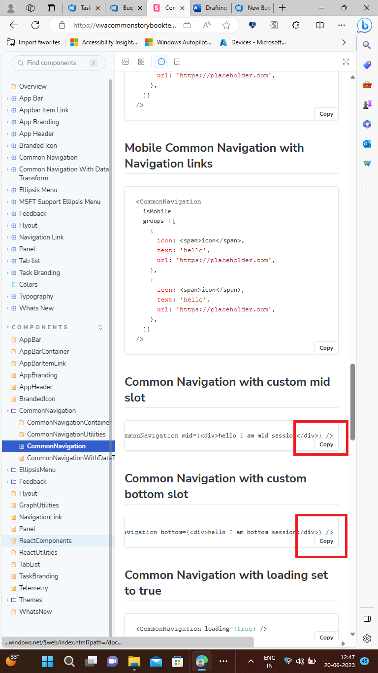 Code and the Copy button under Common Navigation with custom bottom slot and Common Navigation ...