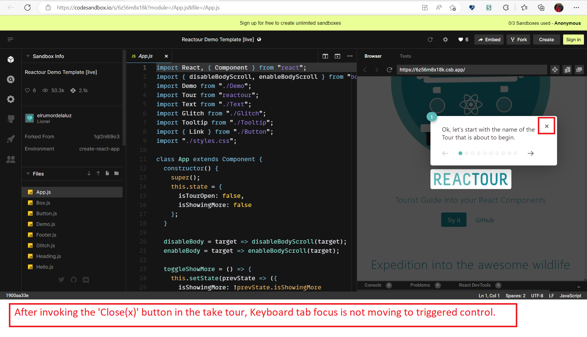 After invoking the 'Close(x)' button in the take tour, Keyboard tab focus is not moving to ...
