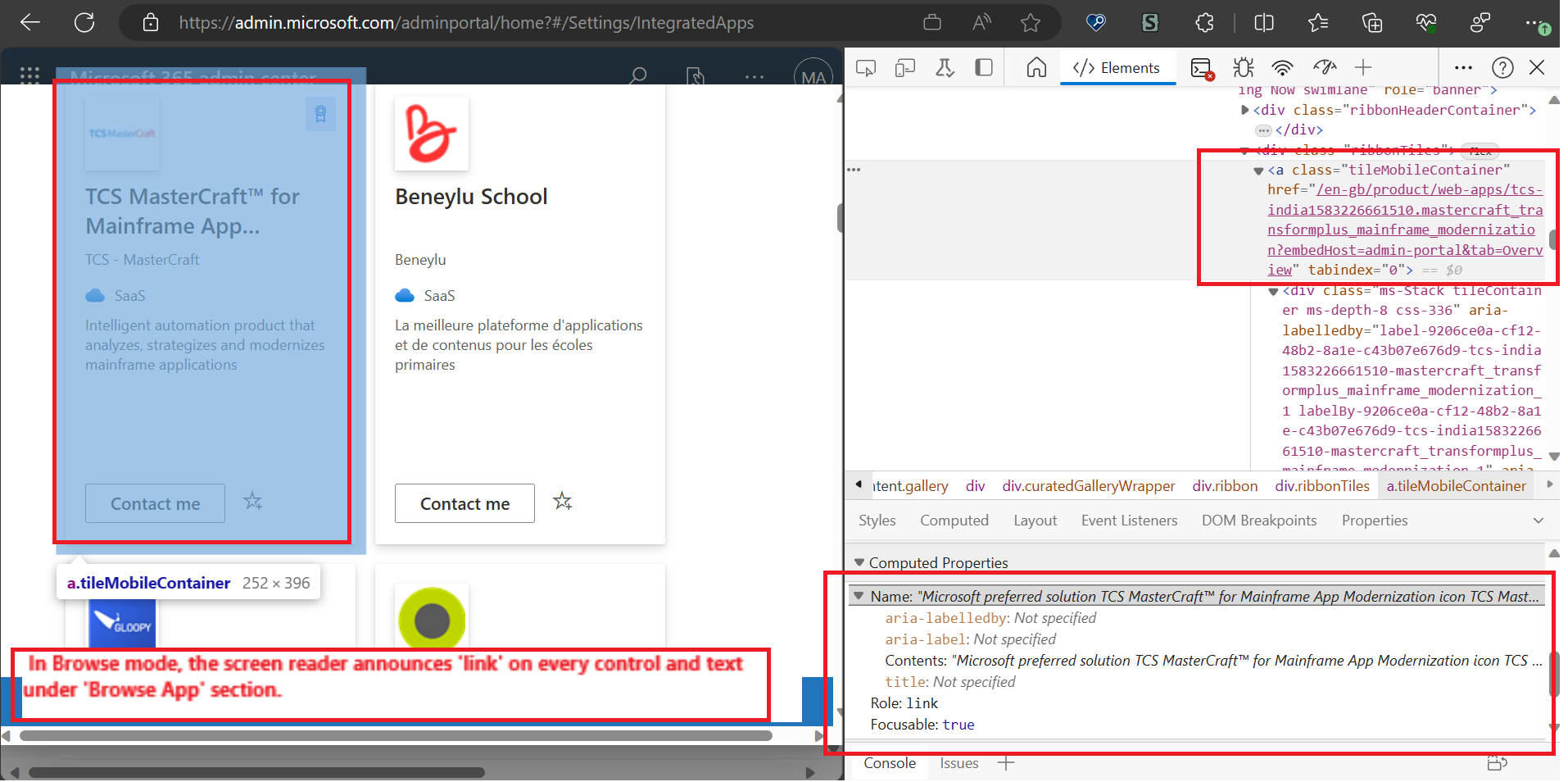 In Browse Mode The Screen Reader Announces Link On Every Control And Text Under Browse App