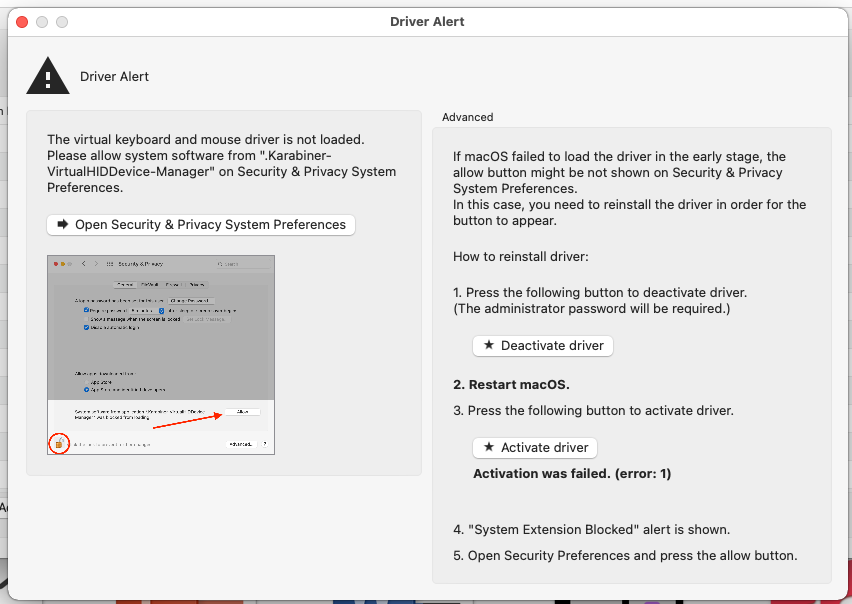 Karabiner Function Key mapping broken; driver activation fails with "(error: 1 )" on macOS 11.4 ...