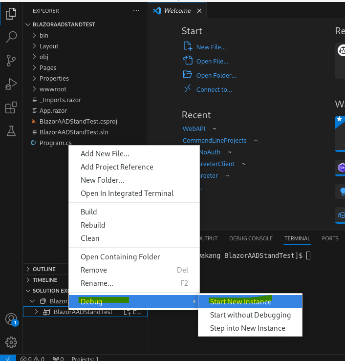 [Linux] After logging into the AAD/AADB2C Standalone project account, debugging stops and some ...