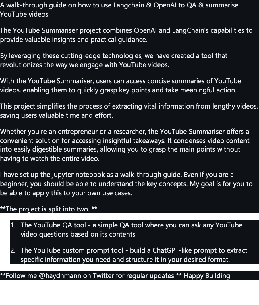 GitHub - Haydn-Mann/Youtube_Summariser-Langchain-OpenAI