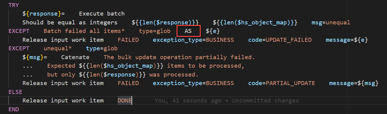 `as` Keyword In New `try Except` Feature Not Syntax Highlighted · Issue 673 · Robocorp
