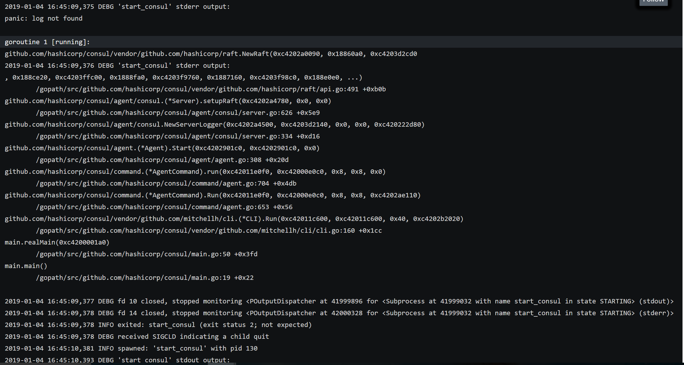 Panic: log not found error when starting consul agent · Issue #5190 · hashicorp/consul · GitHub