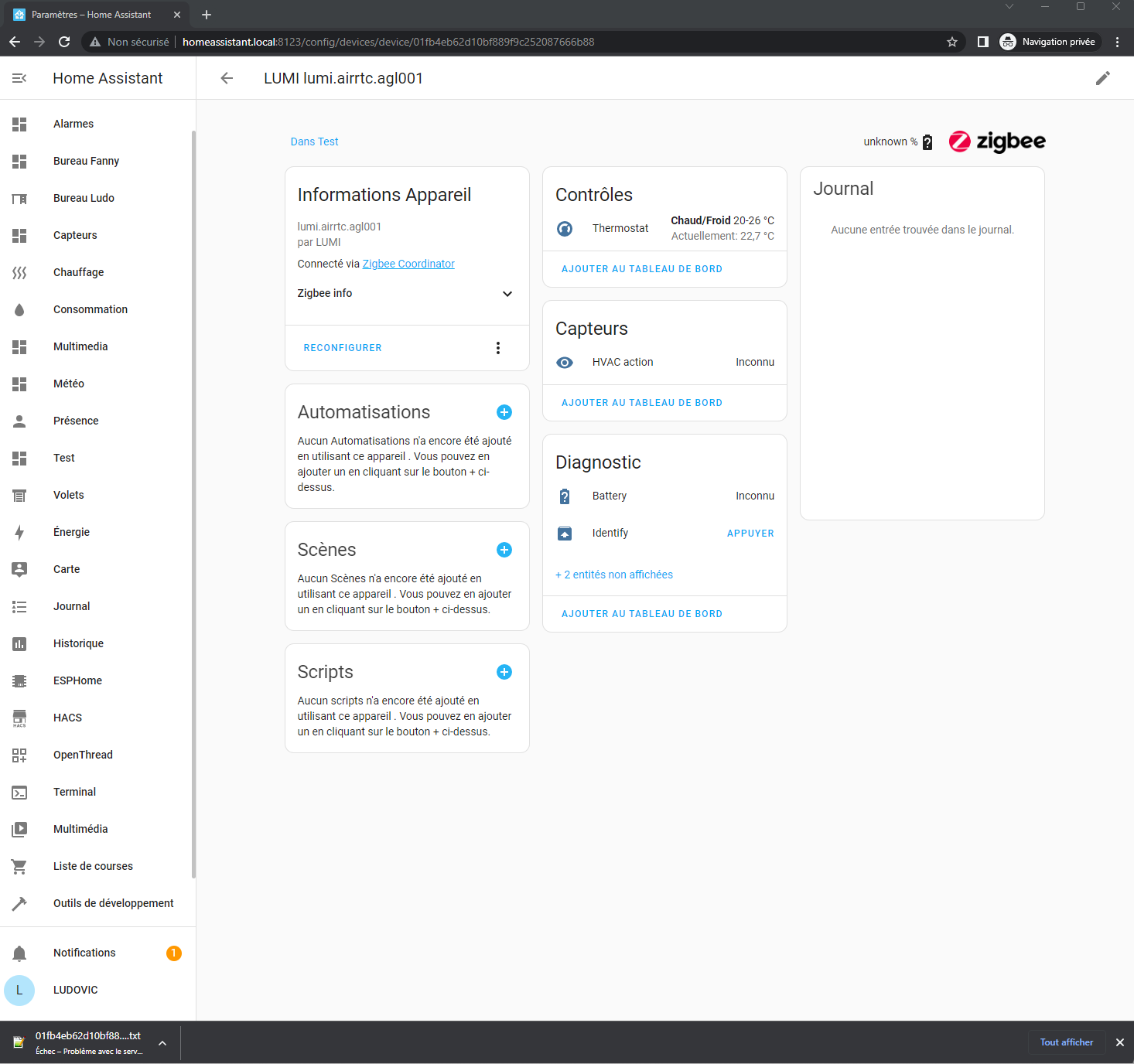 500 Internal Server Error when downloading log file from Zigbee lumi.airrtc.agl001 device ...