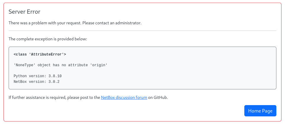 Internal Server Error on displaying cable trace between Circuit Termination and Rear Port ...