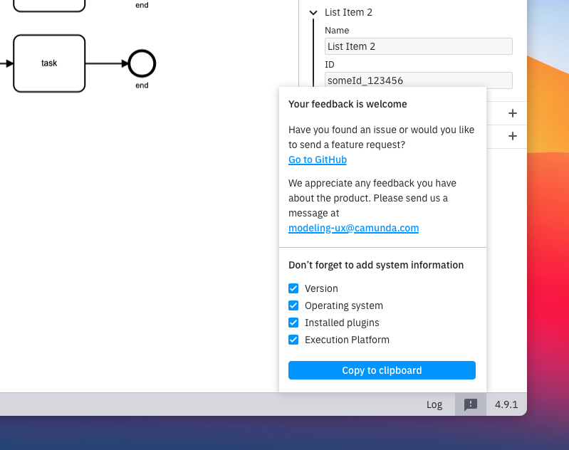 Copy version info, installed plugins, OS · Issue #2388 · camunda/camunda-modeler · GitHub