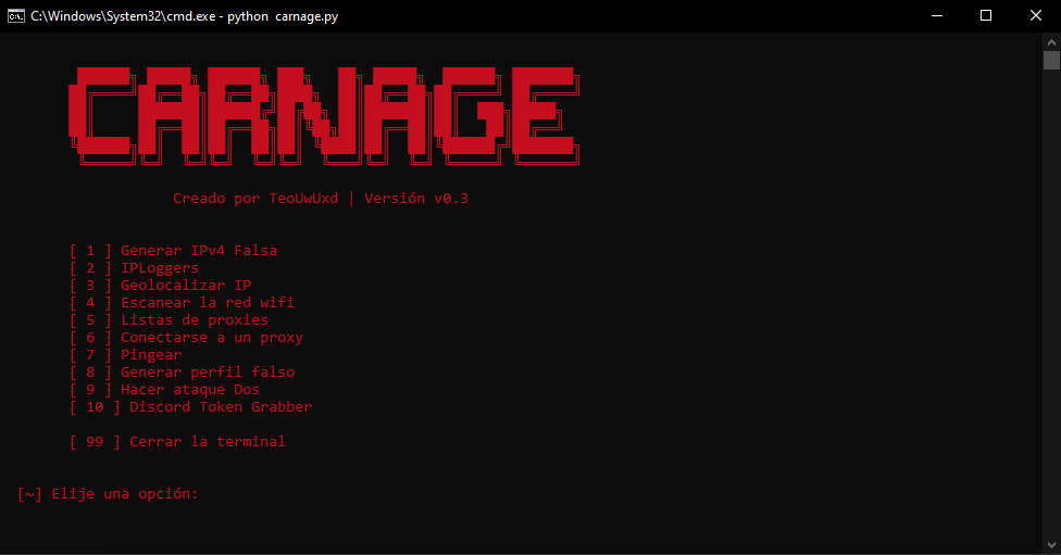 GitHub - TeoUwUxd/Carnage-IPDox-Python: Una herramienta multifuncional centrada en el hacking ético.