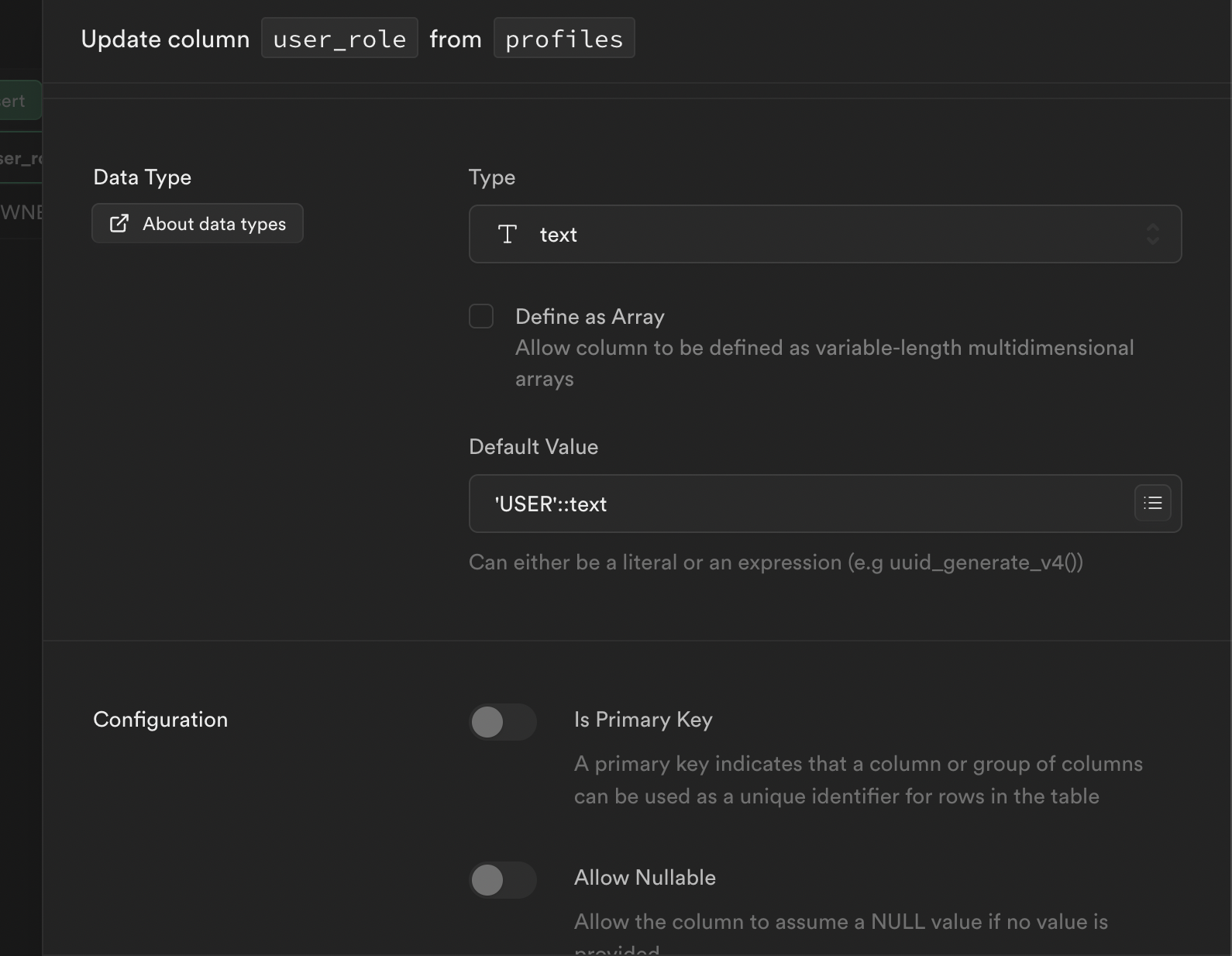 Editing a columns Default values does not work. · Issue #13103 · supabase/supabase · GitHub