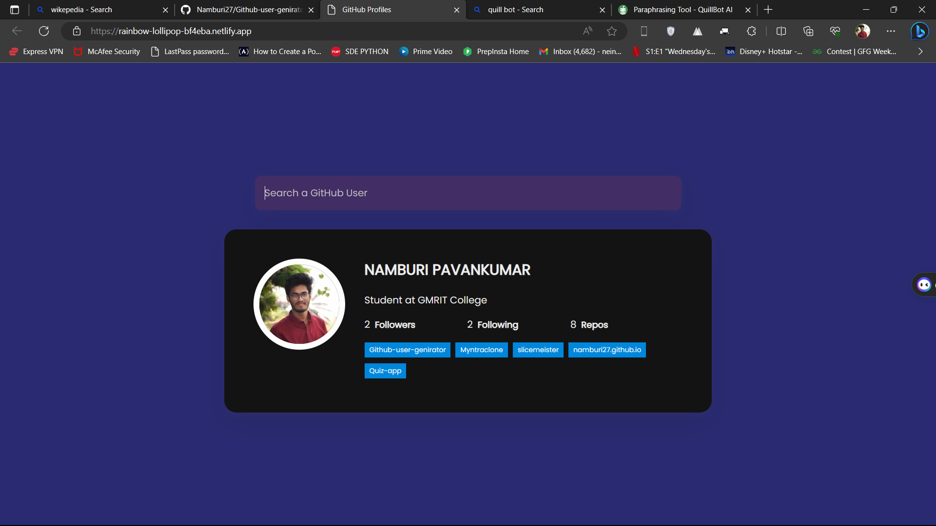 GitHub - Namburi27/Github-user-genirator: When entering a user name, a ...