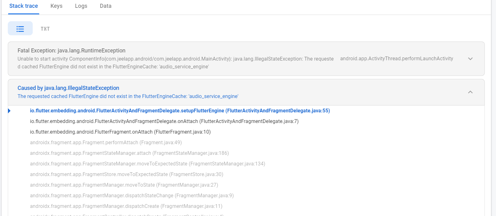 Exception appears in google play console The requested cached FlutterEngine did not exist in the ...