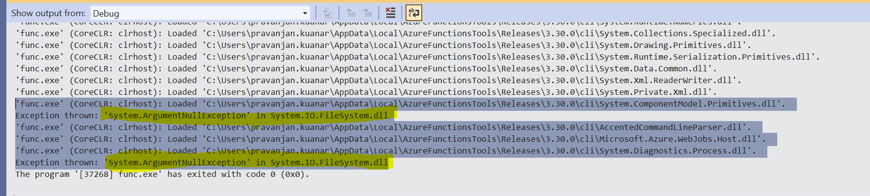 Azure Function Not Able To Debug Locally Due To Systemargumentnullexception In Systemio 2318