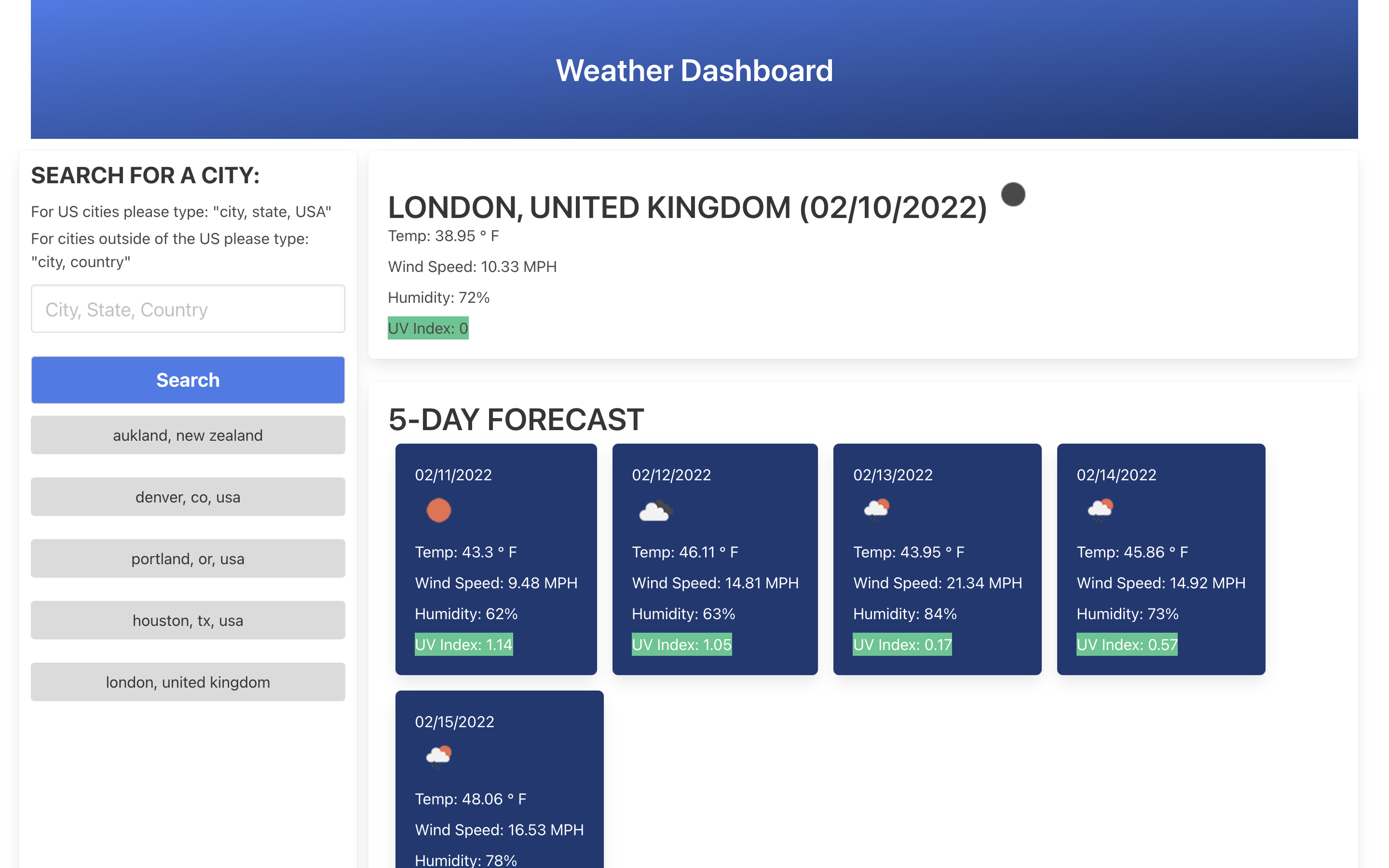 GitHub - lillylav/weather-dashboard: Application uses a weather web API ...