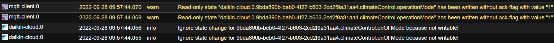 state change ignored - not writable · Issue #139 · Apollon77/ioBroker.daikin-cloud · GitHub
