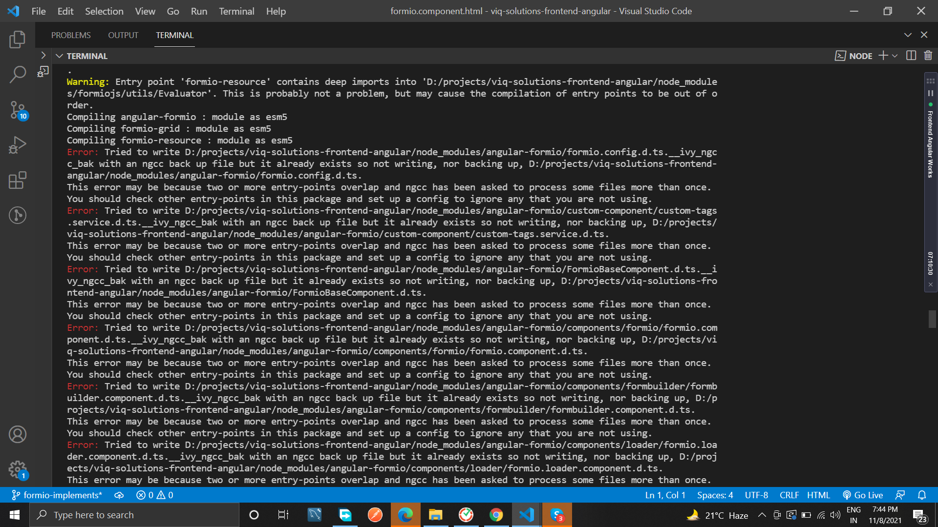 ERROR in The target entry-point "angular-formio" has missing dependencies: - @angular/elements ...