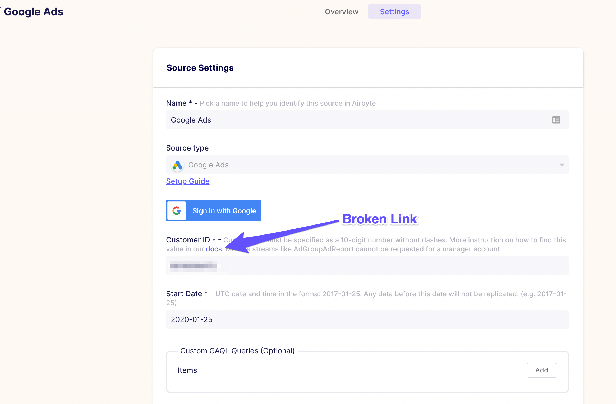 Google Ads Customer ID Link is Broken · Issue #9438 · airbytehq/airbyte · GitHub