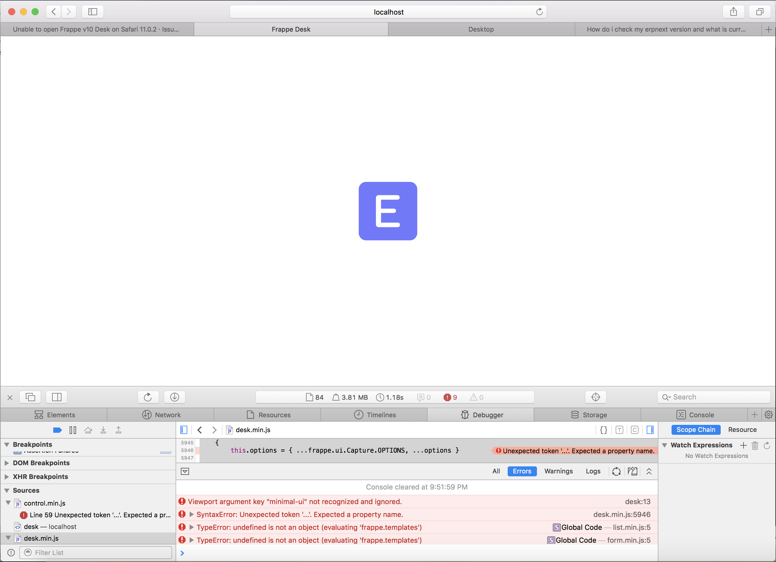 Unable to open Frappe + ERPNext (Develop) v10 Desk on Safari 11.0.2 ...