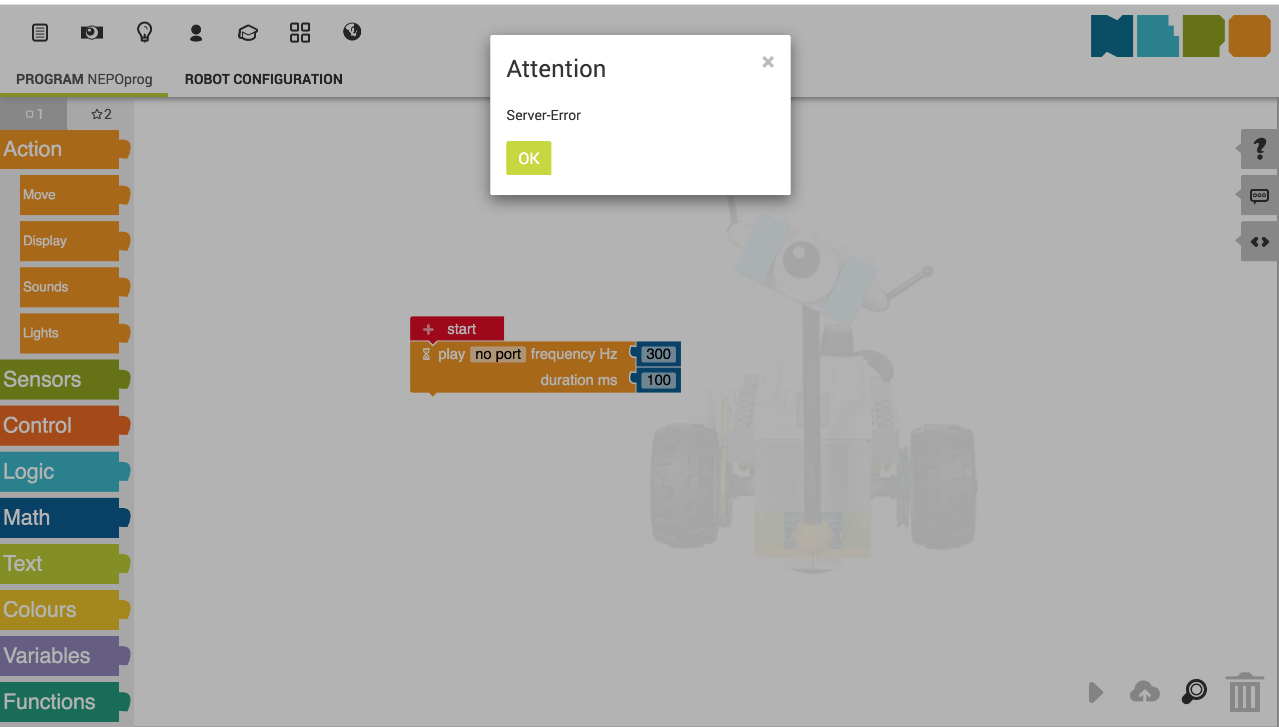 WeDo: 'play no port frequency Hz' block causes a server error · Issue #459 · OpenRoberta ...
