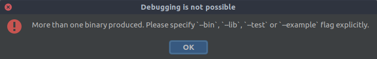 Debugging is not possible - More than one binary produced. Please specify `--bin`, `--lib ...
