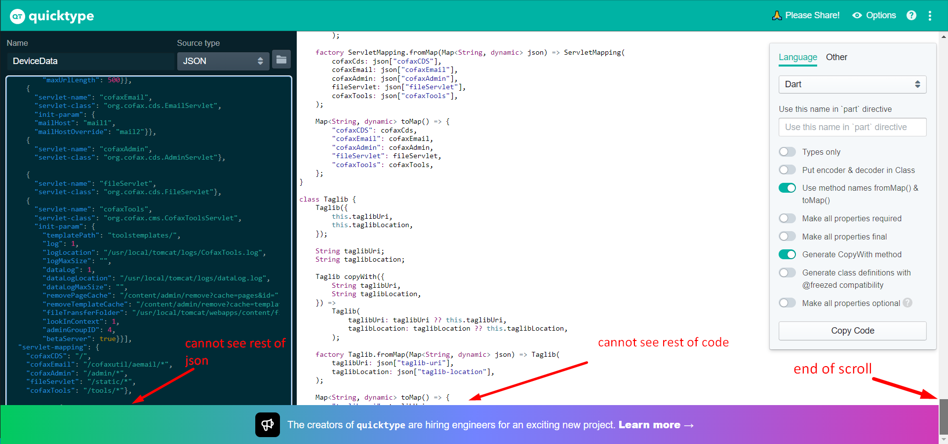 Bottom footer is blocking generated code and json source · Issue #1828 · glideapps/quicktype ...