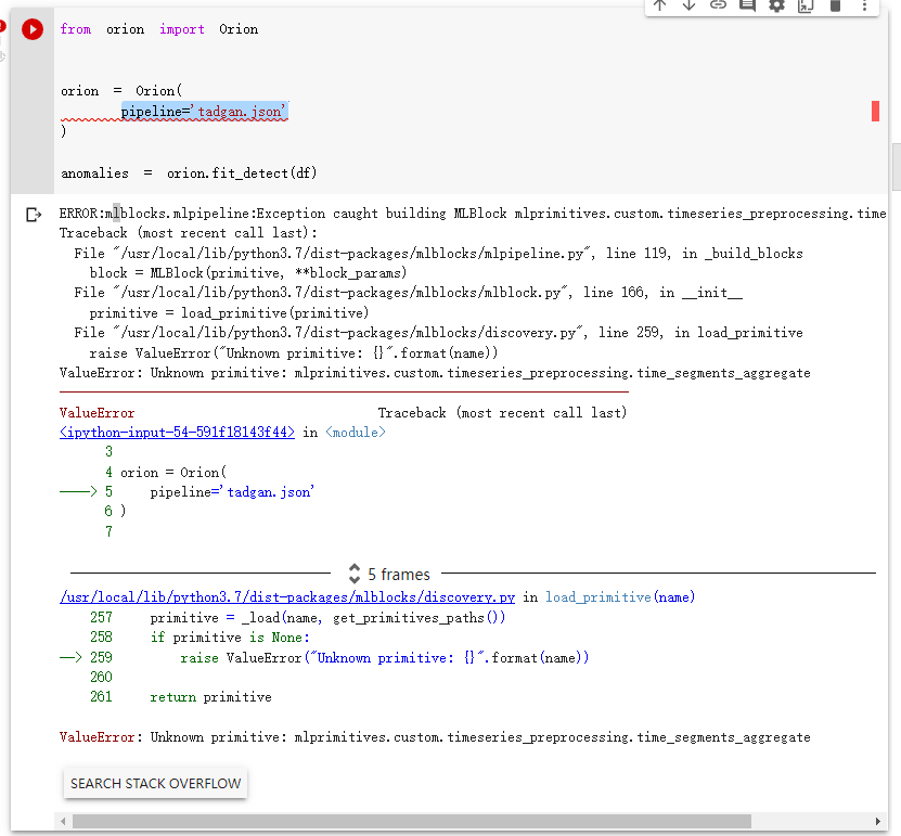 ValueError: Unknown primitive: mlprimitives.custom.timeseries_preprocessing.time_segments ...